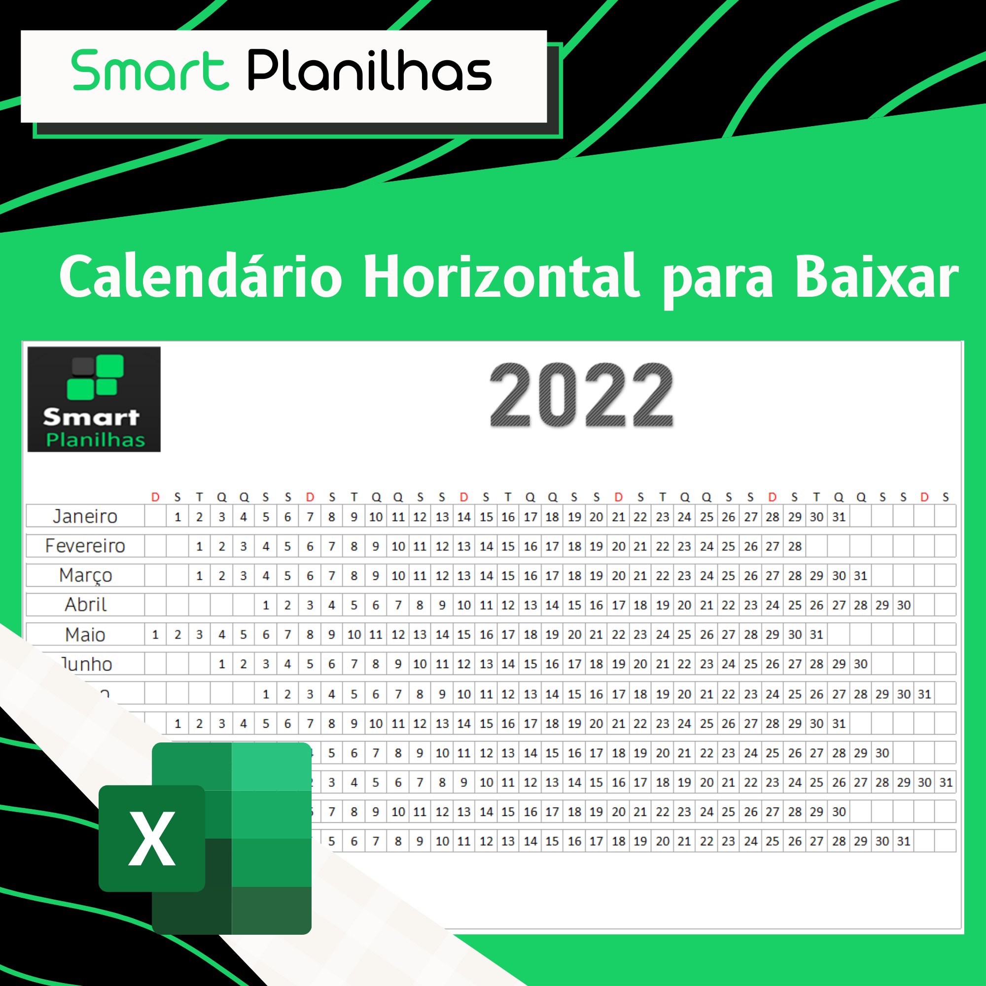 Calendário Horizontal para Baixar - Smart Planilhas