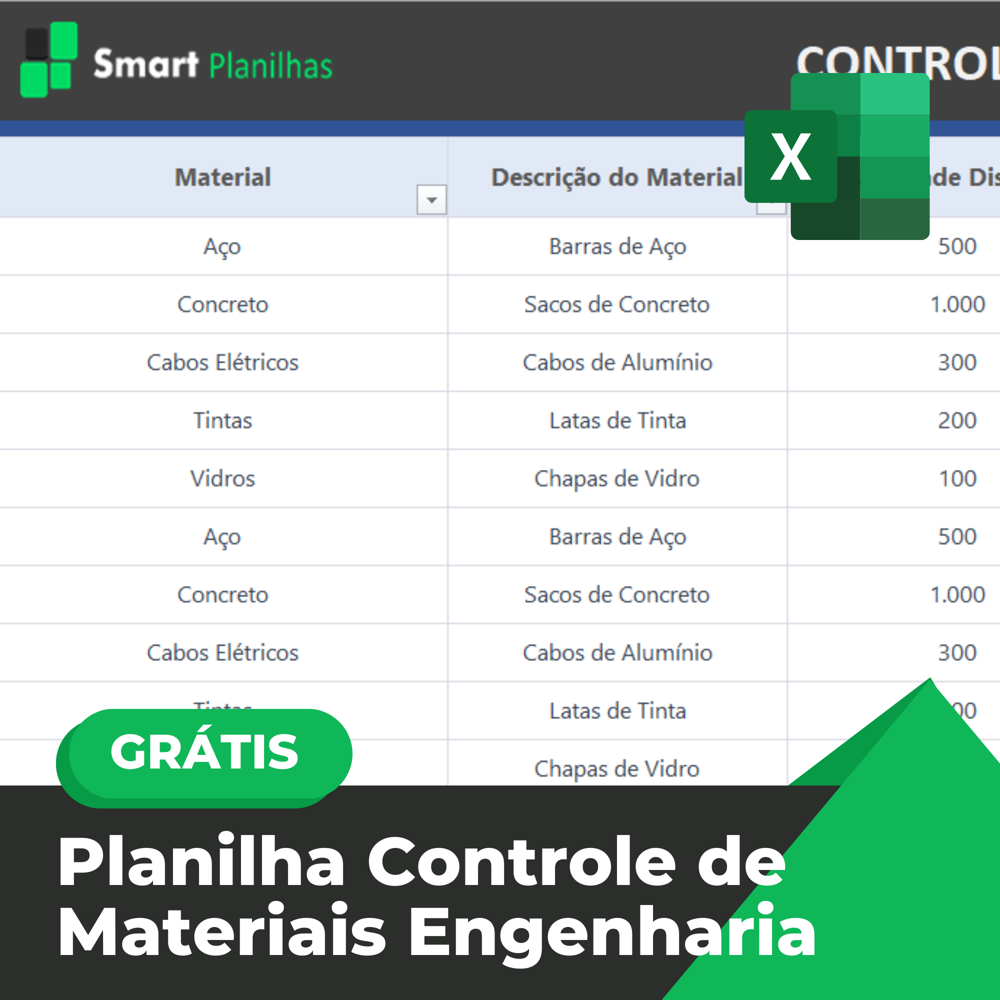 Planilha Controle de Materiais Engenharia Grátis - Smart Planilhas