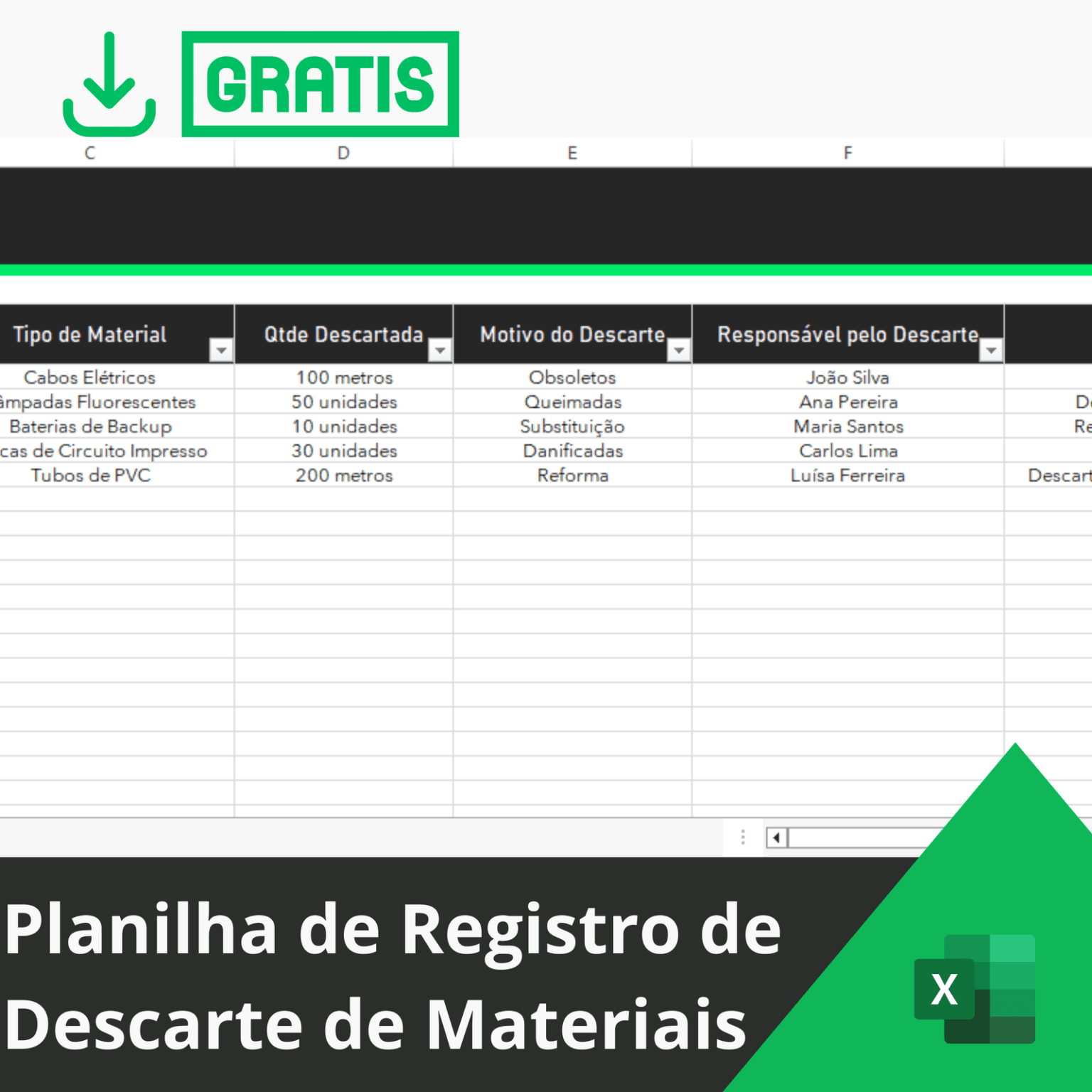 Planilha de Registro de Descarte de Materiais