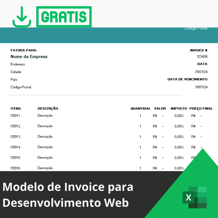 Modelo de Invoice para Desenvolvimento Web - Smart Planilhas