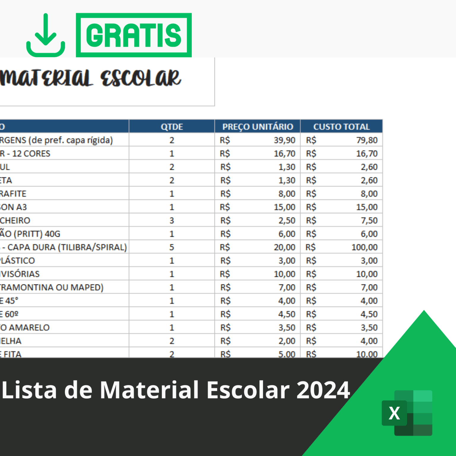 Lista de Material Escolar 2024 - Smart Planilhas