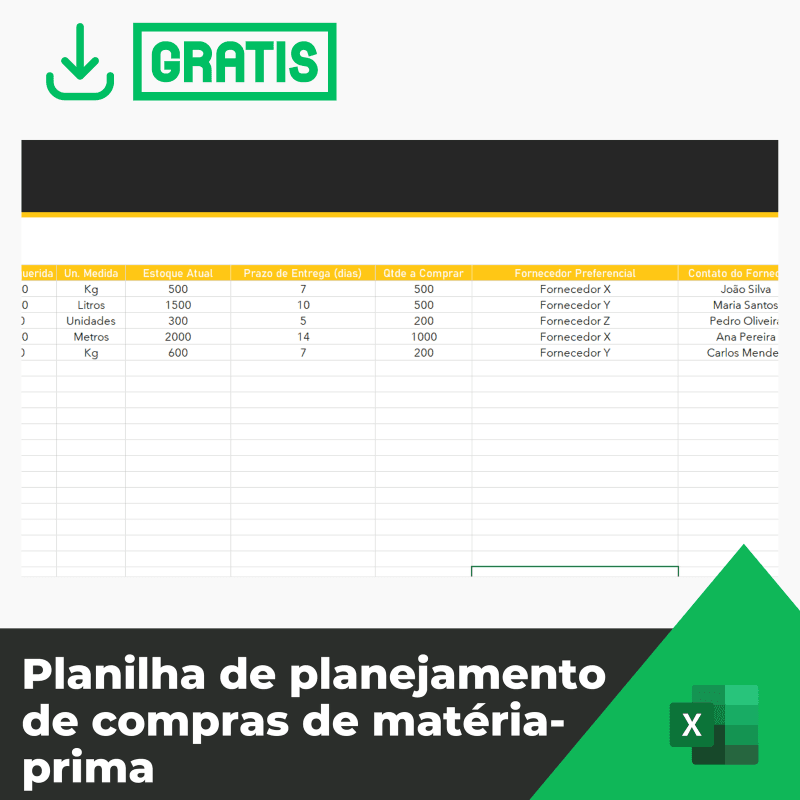 Planilha de planejamento de compras de matéria-prima GRÁTIS