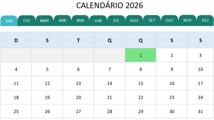 Calendário 2026 em Excel Grátis