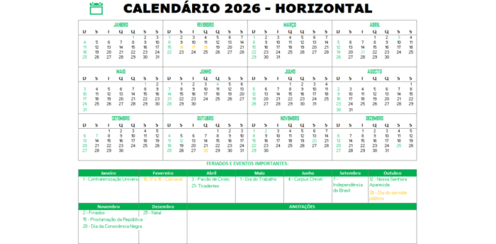 Calendário Horizontal 2026