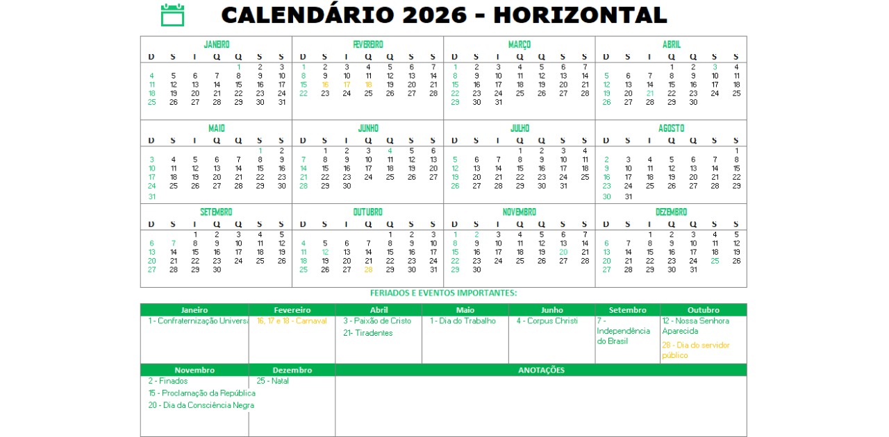 Calendário 2026 em Excel Grátis